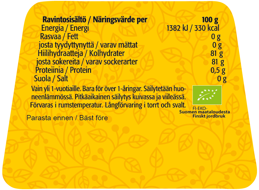 Pulloetiketti Luomu takaosa keltainen, 12 kpl/arkki - Hunajayhtymä Oy